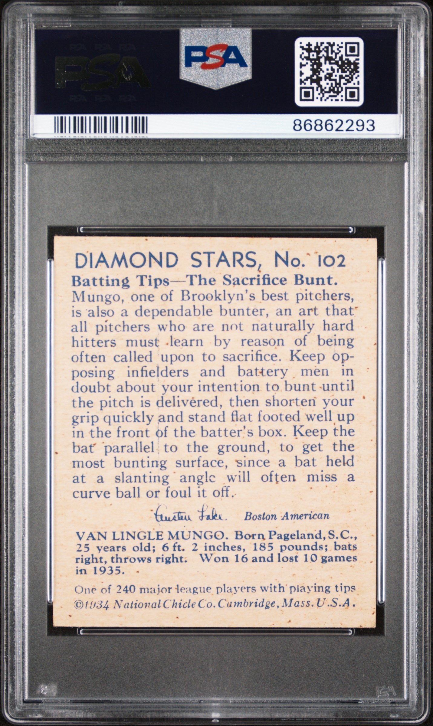 1936 Diamond Stars #102 Van Mungo Brooklyn PSA 5.5 – Just Collect